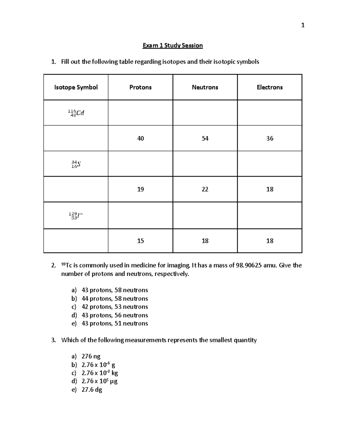 Exam 1 TA Study Session Worksheet - Exam 1 Study Session Fill out the ...