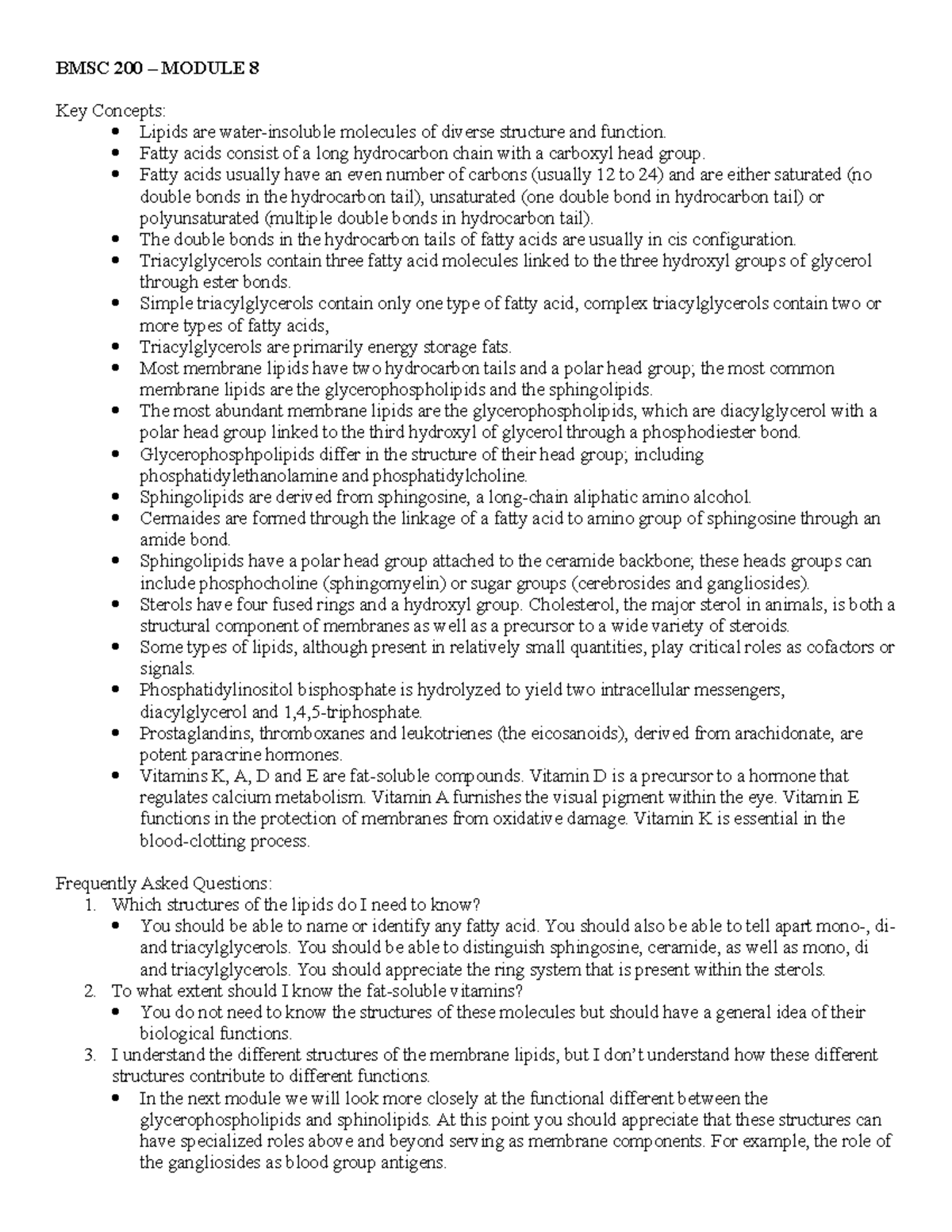 BMSC 200 - Module 8 - BMSC 200 – MODULE 8 Key Concepts: Lipids are ...