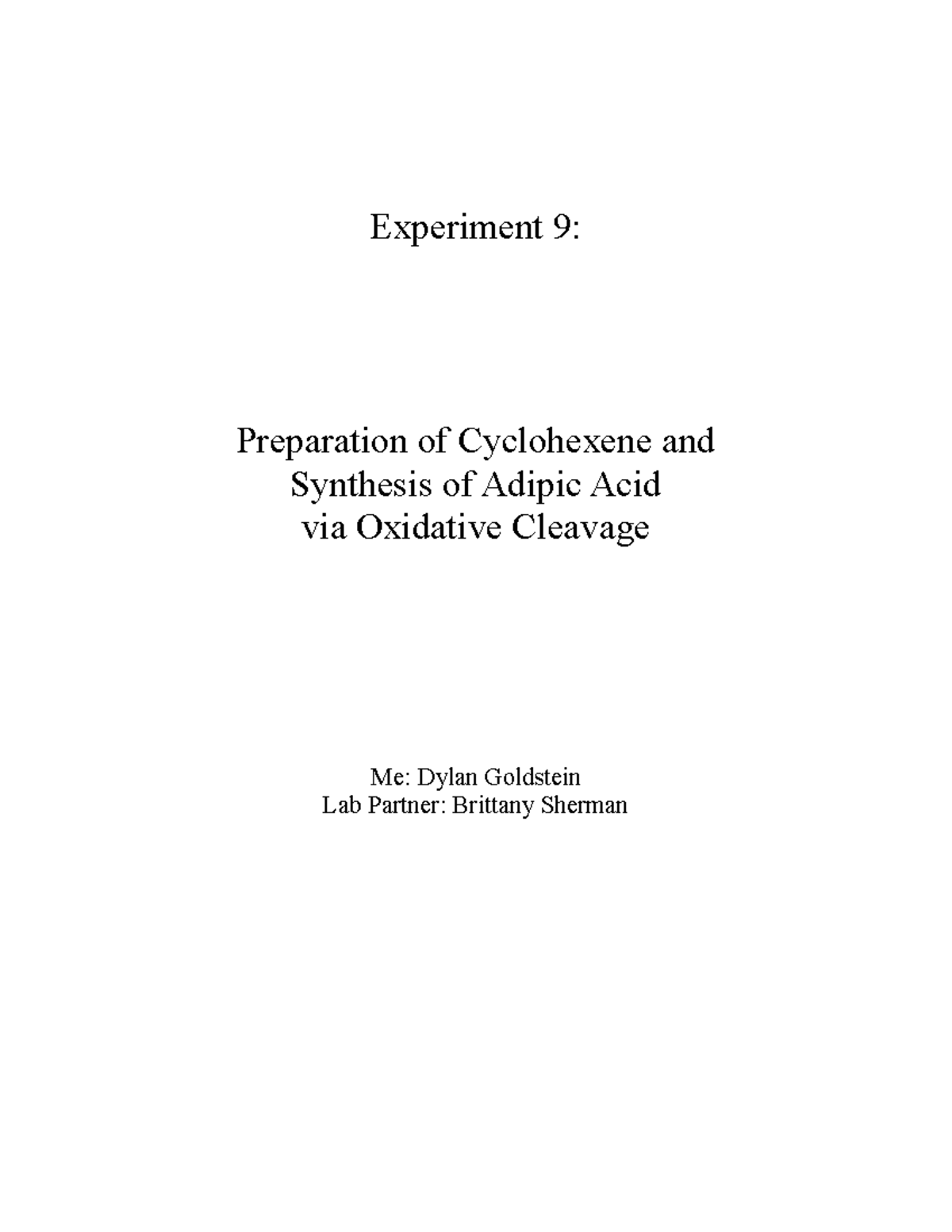Experiment 9 Preparation of Cyclohexene and Synthesis of Adipic Acid via Oxidative Cleavage ...