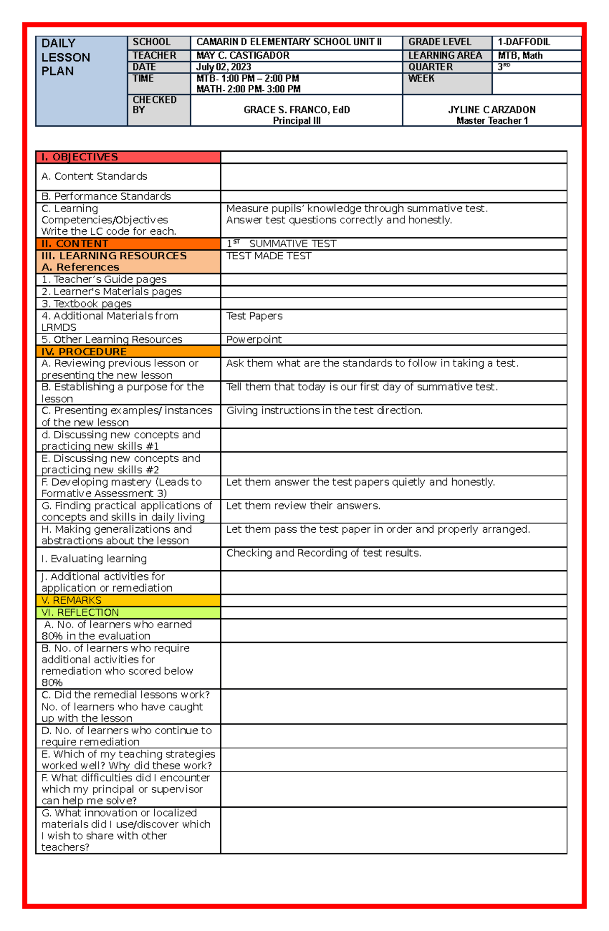 DLP summtive PT July2 - teachers guide - DAILY LESSON PLAN SCHOOL ...