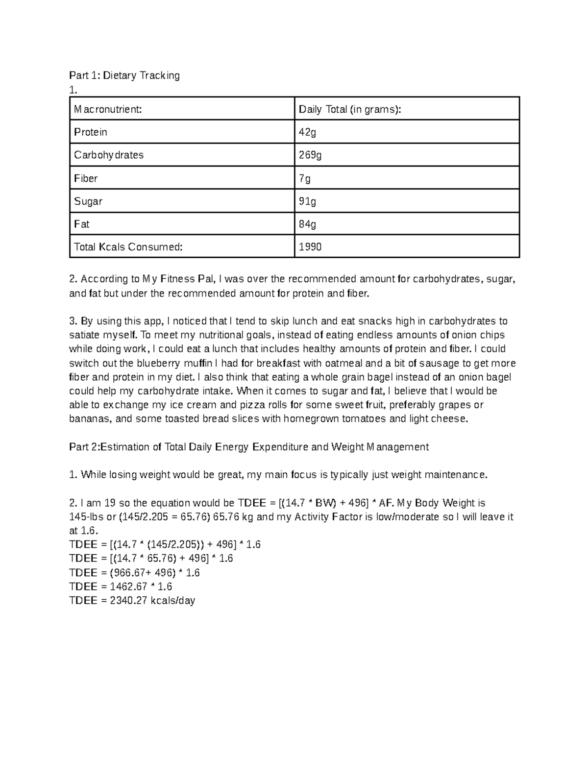 Eating and Exercise Assignment - Google Docs - Part 1: Dietary Tracking ...