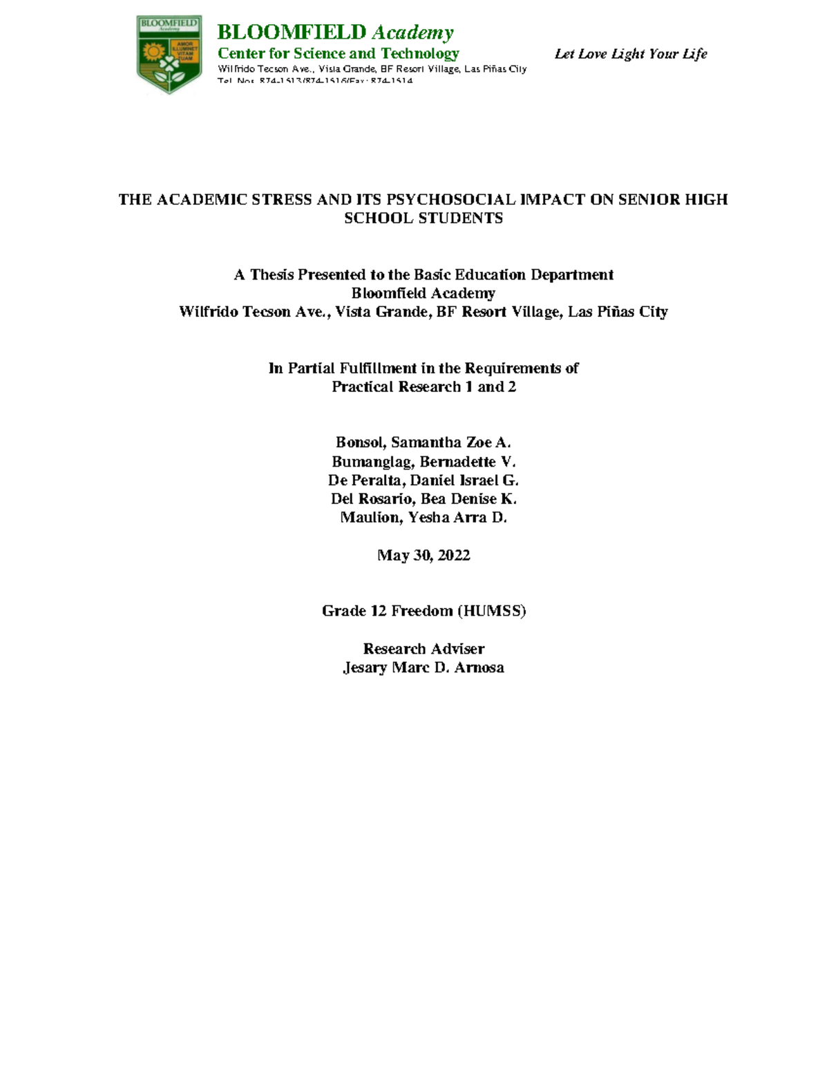 HUMMS Practical Research - BLOOMFIELD Academy Center for Science and ...