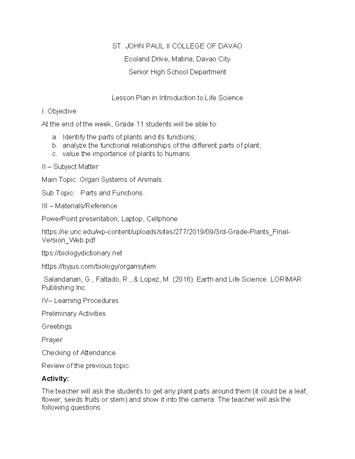 Planetary Science Field School - ST. JOHN PAUL II COLLEGE OF DAVAO ...