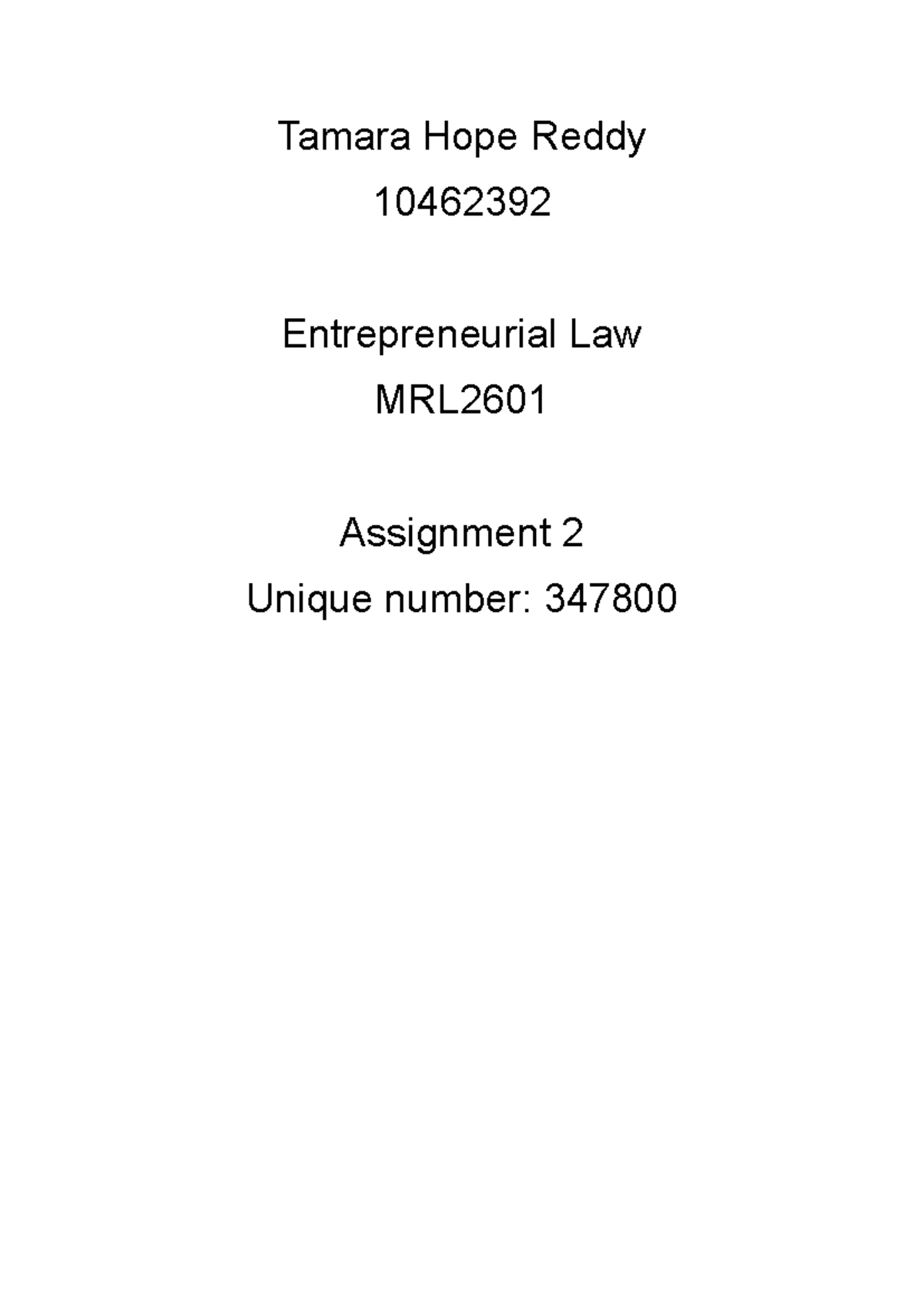 Assignment 2 - Tamara Hope Reddy 10462392 Entrepreneurial Law MRL ...
