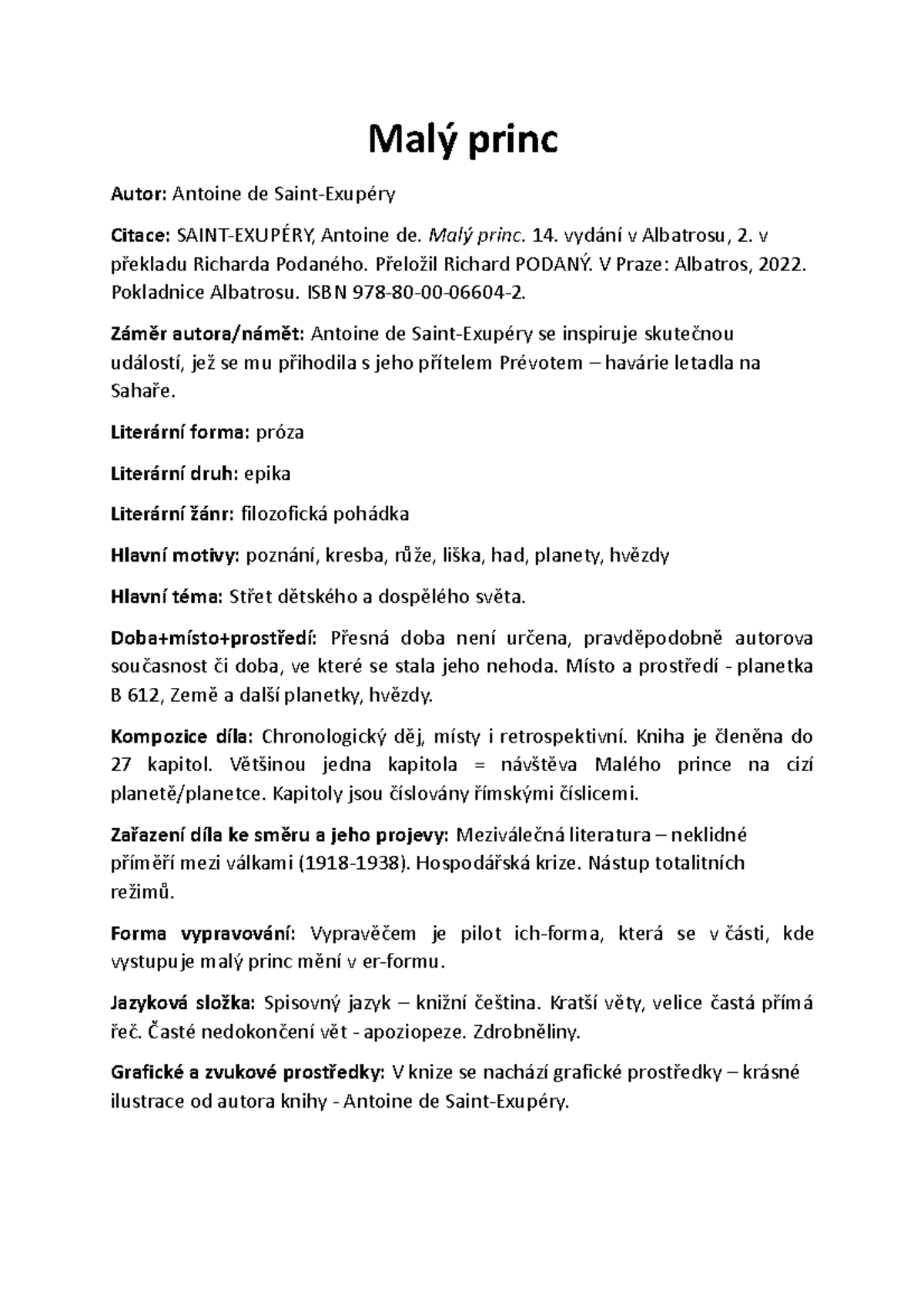 Malý princ - rozbor knihy - Malý princ Autor: Antoine de Saint-Exupéry ...