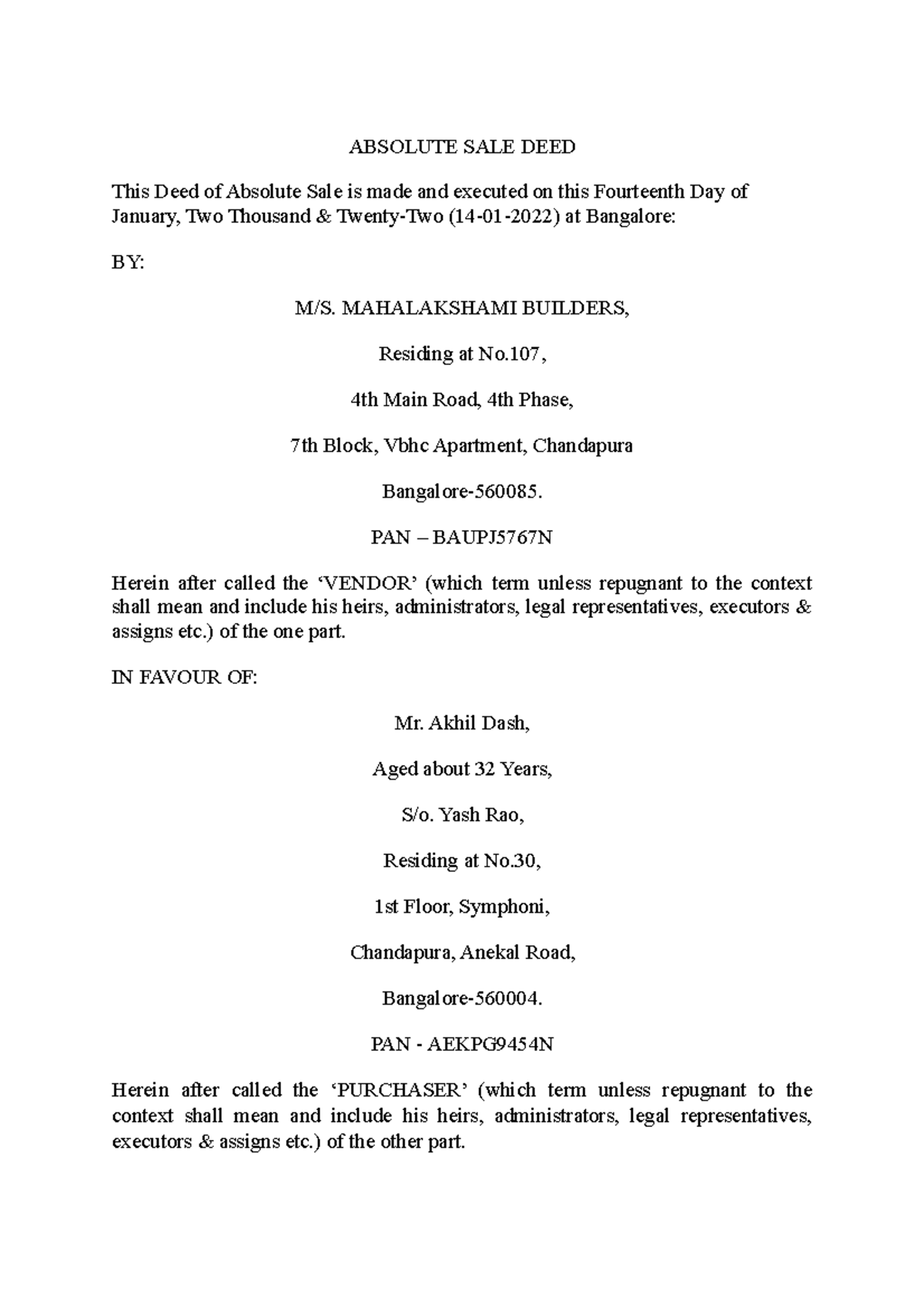 SALE DEED DRAFT FOR DPC FOR PRICTICAL - ABSOLUTE SALE DEED This Deed of ...