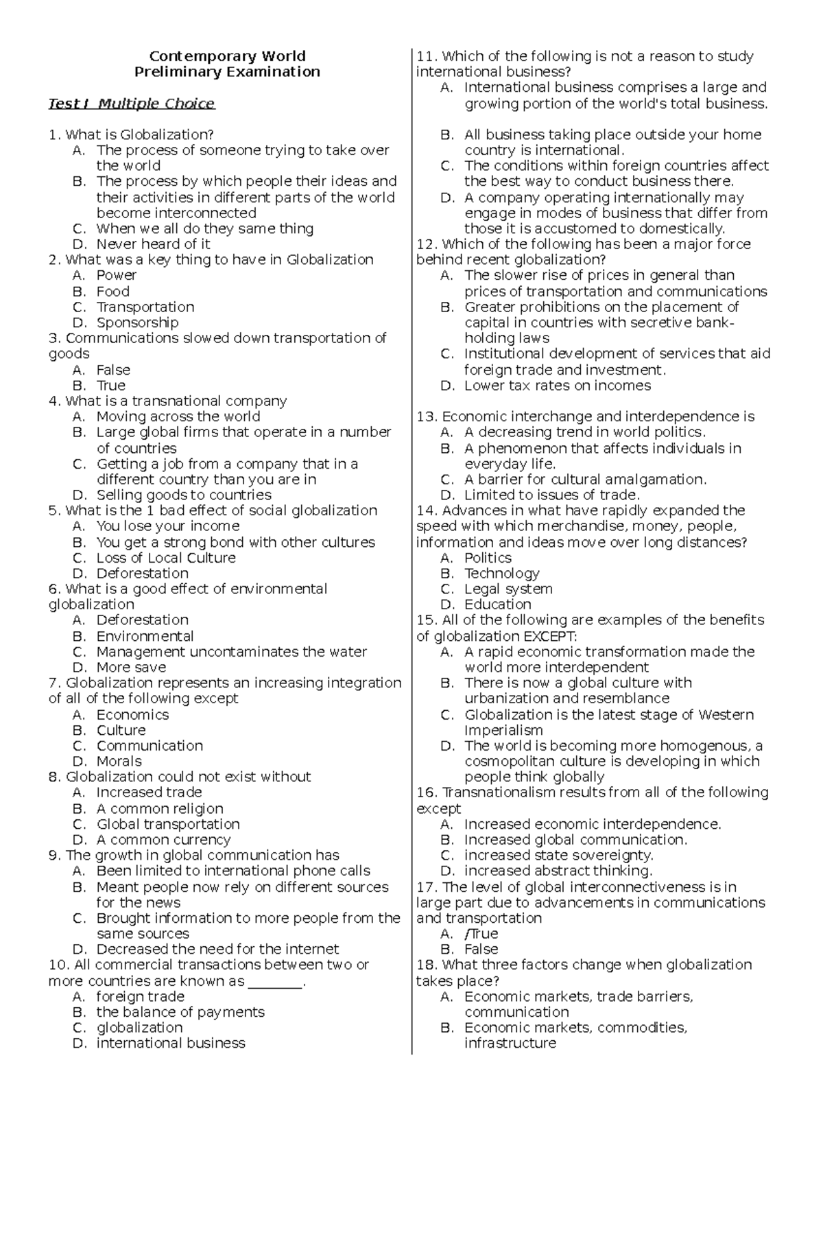 Cw prelim - NOne - Contemporary World Preliminary Examination Test I ...