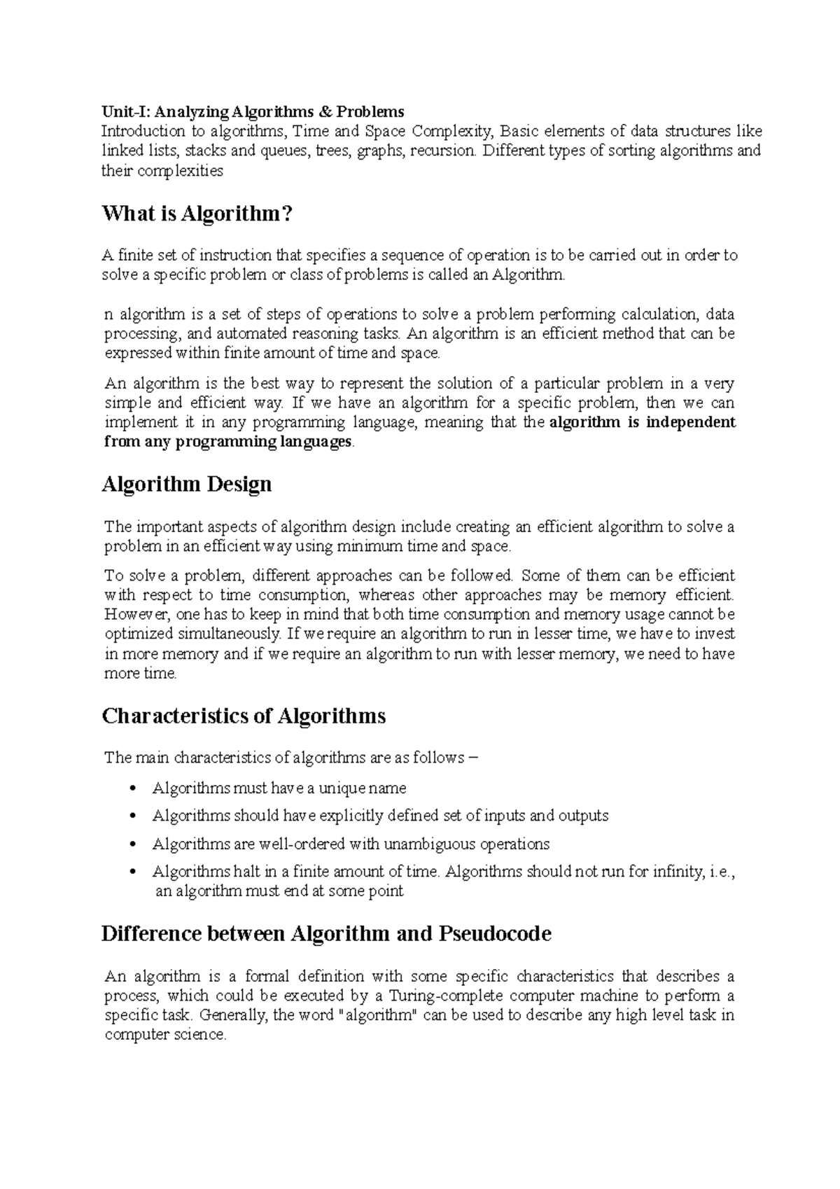 ADAA unit1 - DESIGN AND ANALYSIS OF ALGORTHMS NOTES - Unit-I: Analyzing ...
