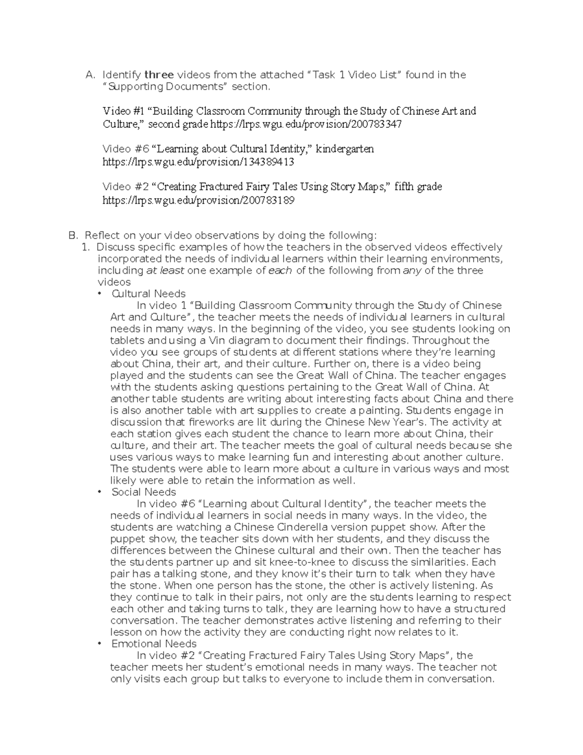 D168 Task 1 - Task 1 - A. Identify three videos from the attached “Task ...