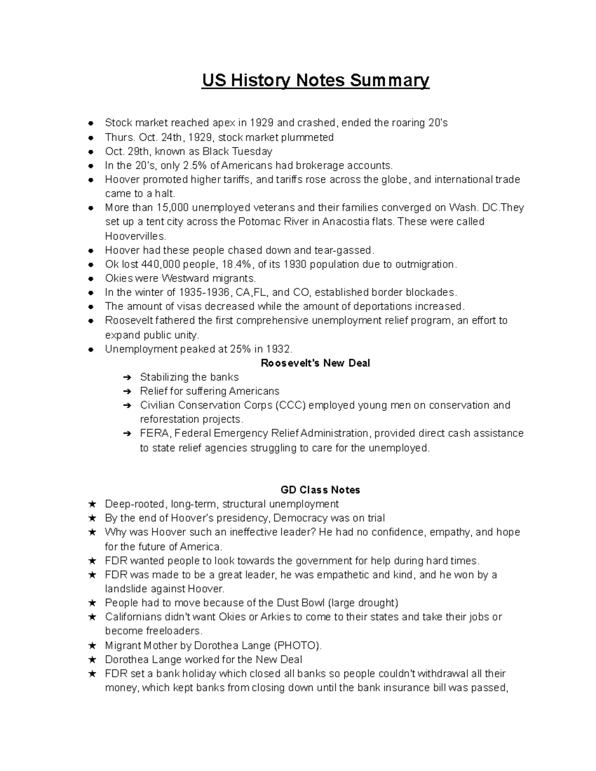 US History Notes Summary - Oct. 24th, 1929, stock market plummeted Oct ...