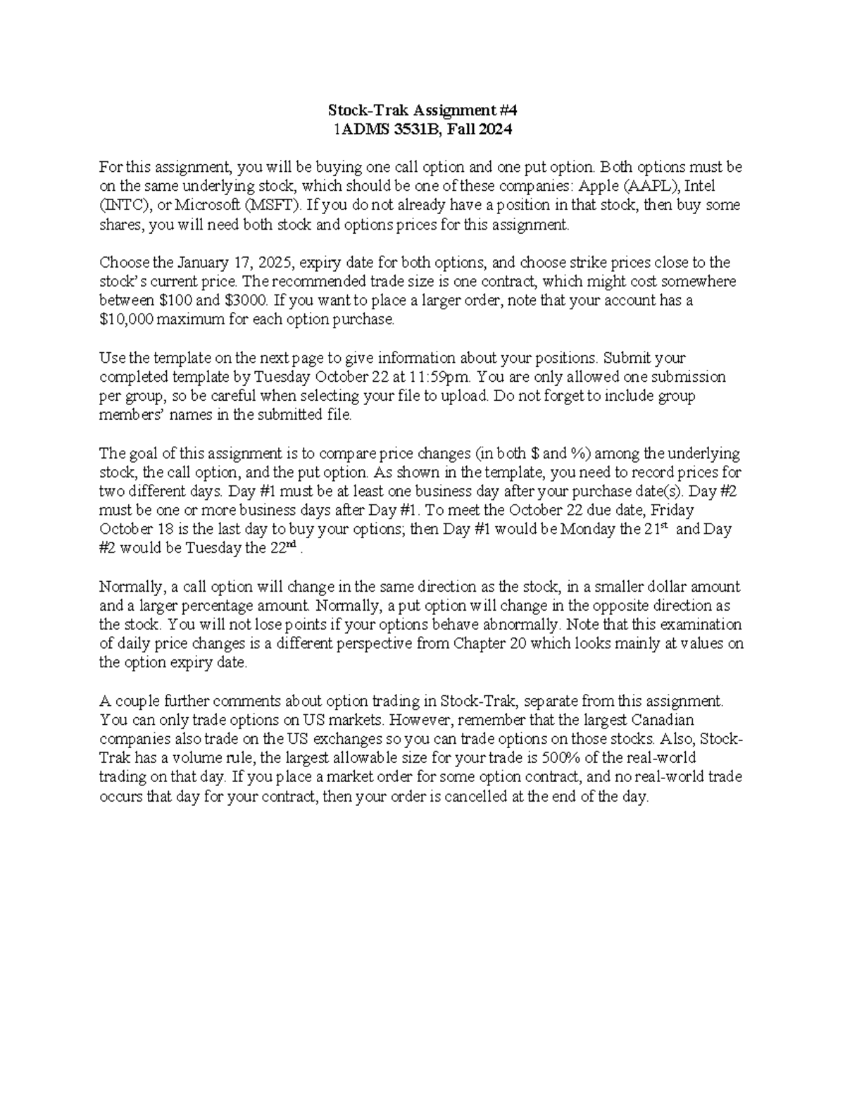 Stock-Trak Assignment #4, Fall 2024 - Stock-Trak Assignment # 1 ADMS ...