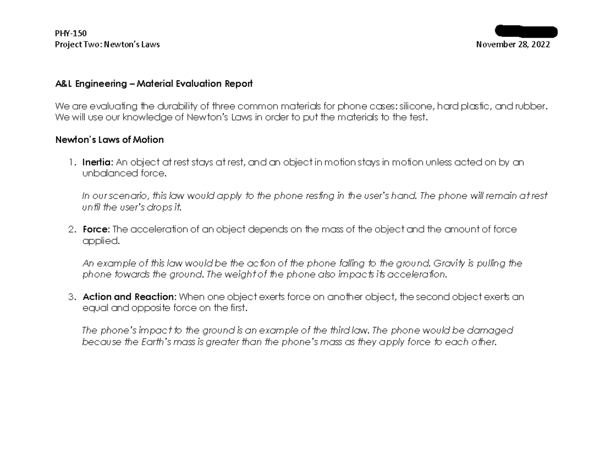 Module 5 Project 2 - PHY-150 D. Sessions Project Two: Newton’s Laws November 28, 2022 A&L - Studocu