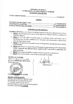 Sample Plaint - REPUBLIC OF KENYA IN THE HIGH COURT AT MERU CIVIL SUIT ...