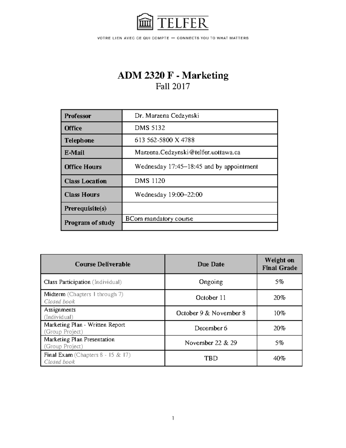 Course Outline ADM2320 F Fall 2017 Marzena Cedzynski Revised - ADM 2320 ...