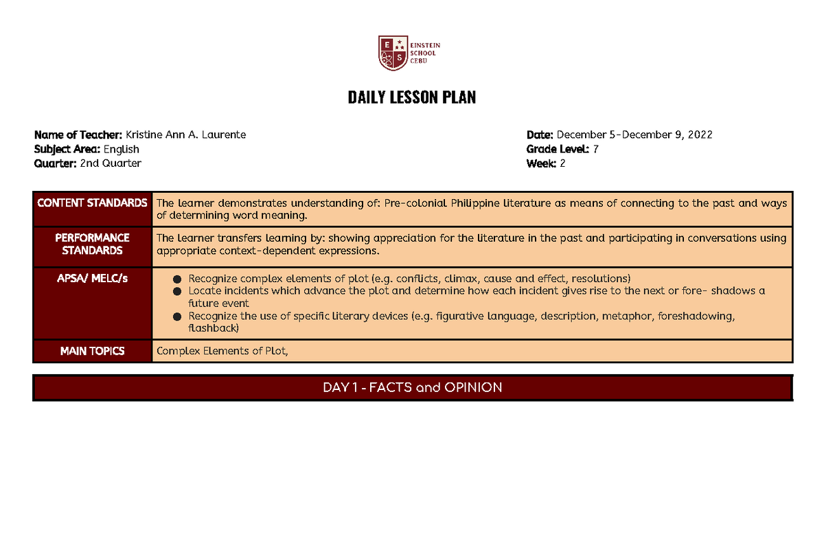 DLP Week 2 Q3 English 7 - This is a sample lesson plan for high school ...