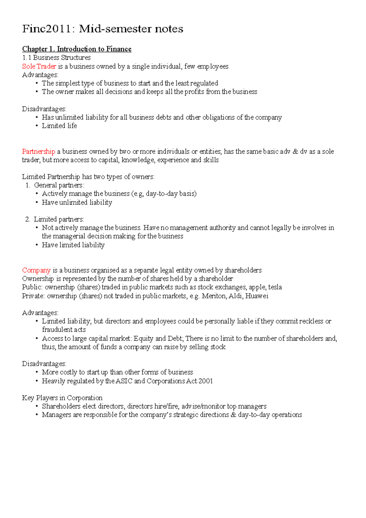 FINC 2011 Summary - Detailed revision notes for lecture - Finc2011: Mid ...