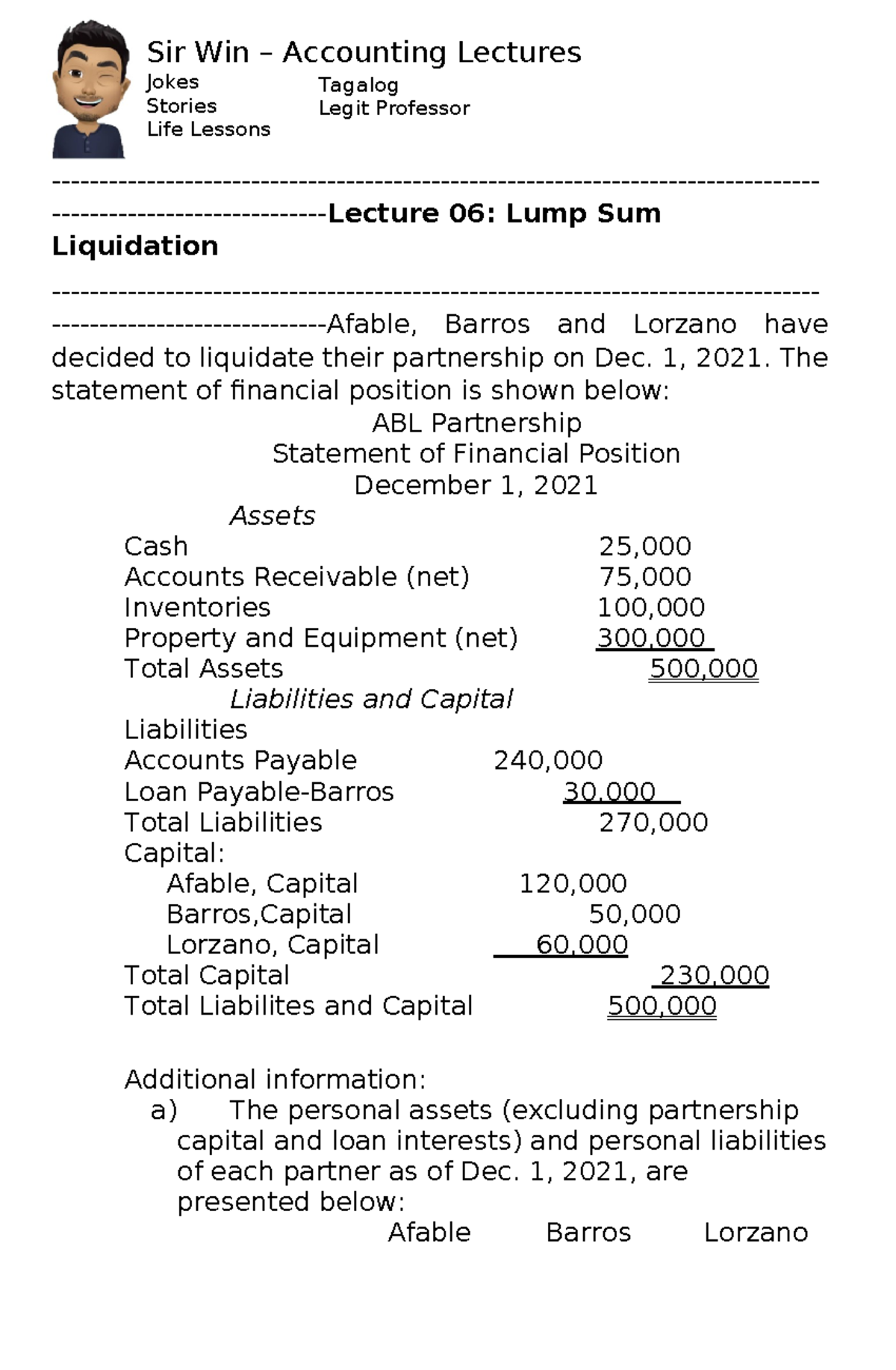 Lecture 06 Lump Sum Liquidation - Sir Win – Accounting Lectures Jokes ...