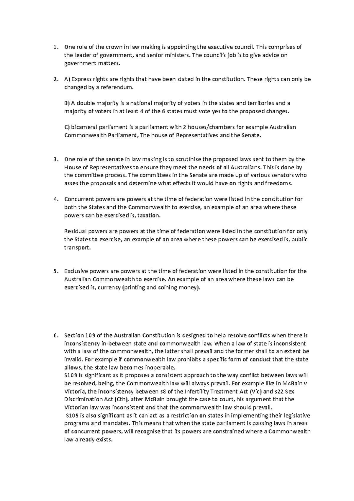 Legal sac 1 - prac sac - One role of the crown in law making is ...