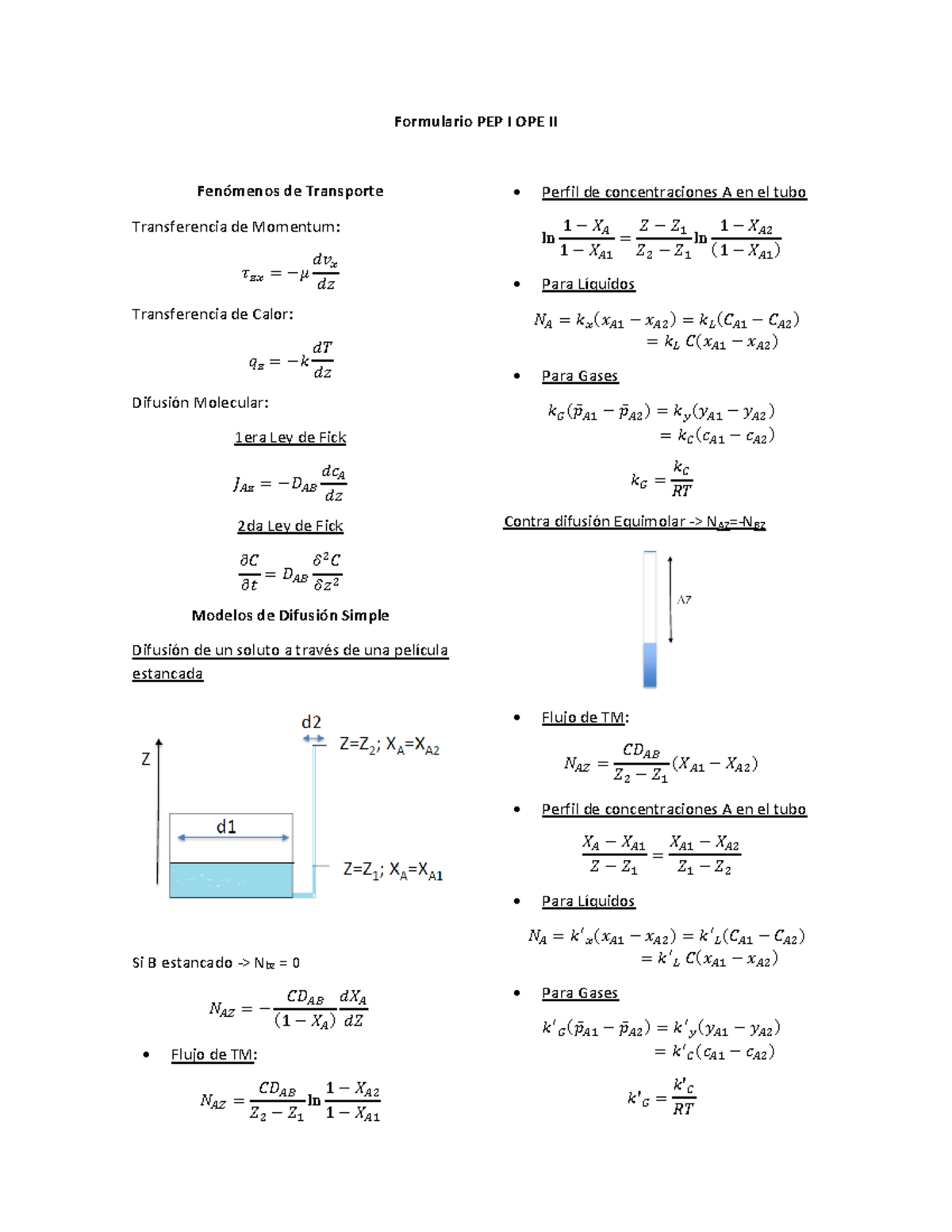 Ecuaciones Difusión Molecular - Warning: TT: undefined function: 32 Formulario PEP I OPE II ...