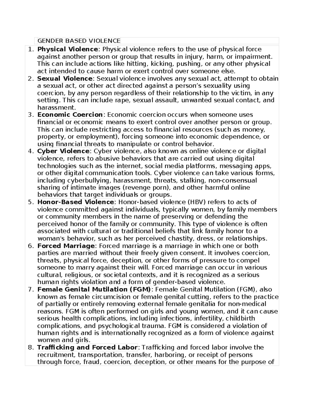 Gender Based Violence - GENDER BASED VIOLENCE 1. Physical Violence ...