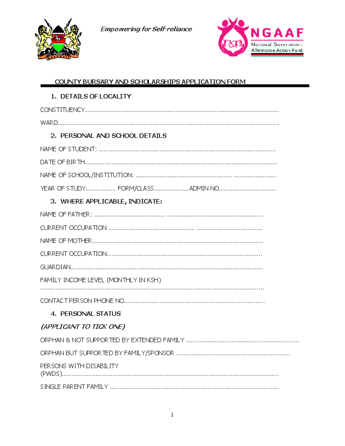 Bursary Application FORM- Ngaaf 1 - 1 Empowering for Self-reliance ...