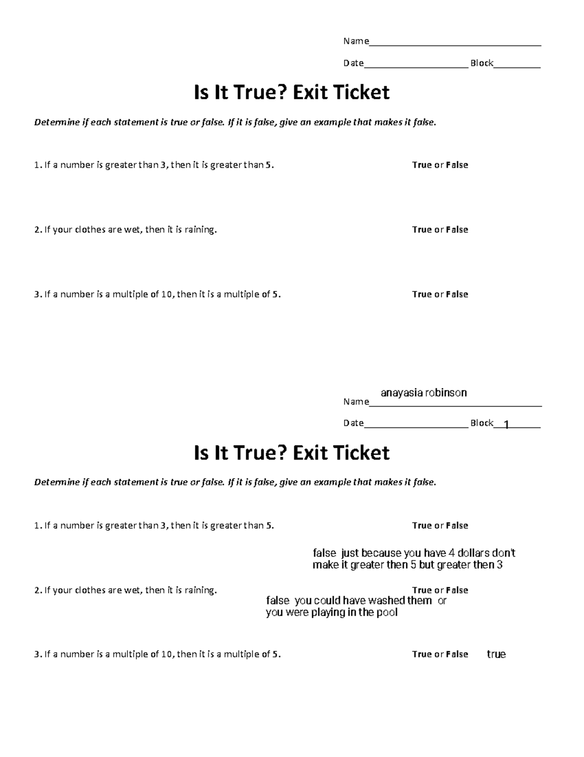 Is It True Exit Ticket - is it true - Name ...