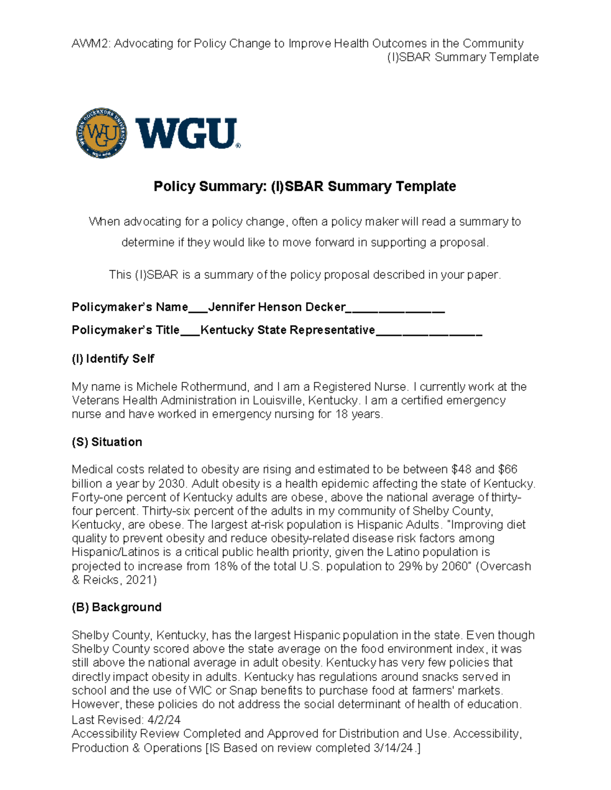 (I)SBAR Summary d025 - AWM2: Advocating for Policy Change to Improve ...