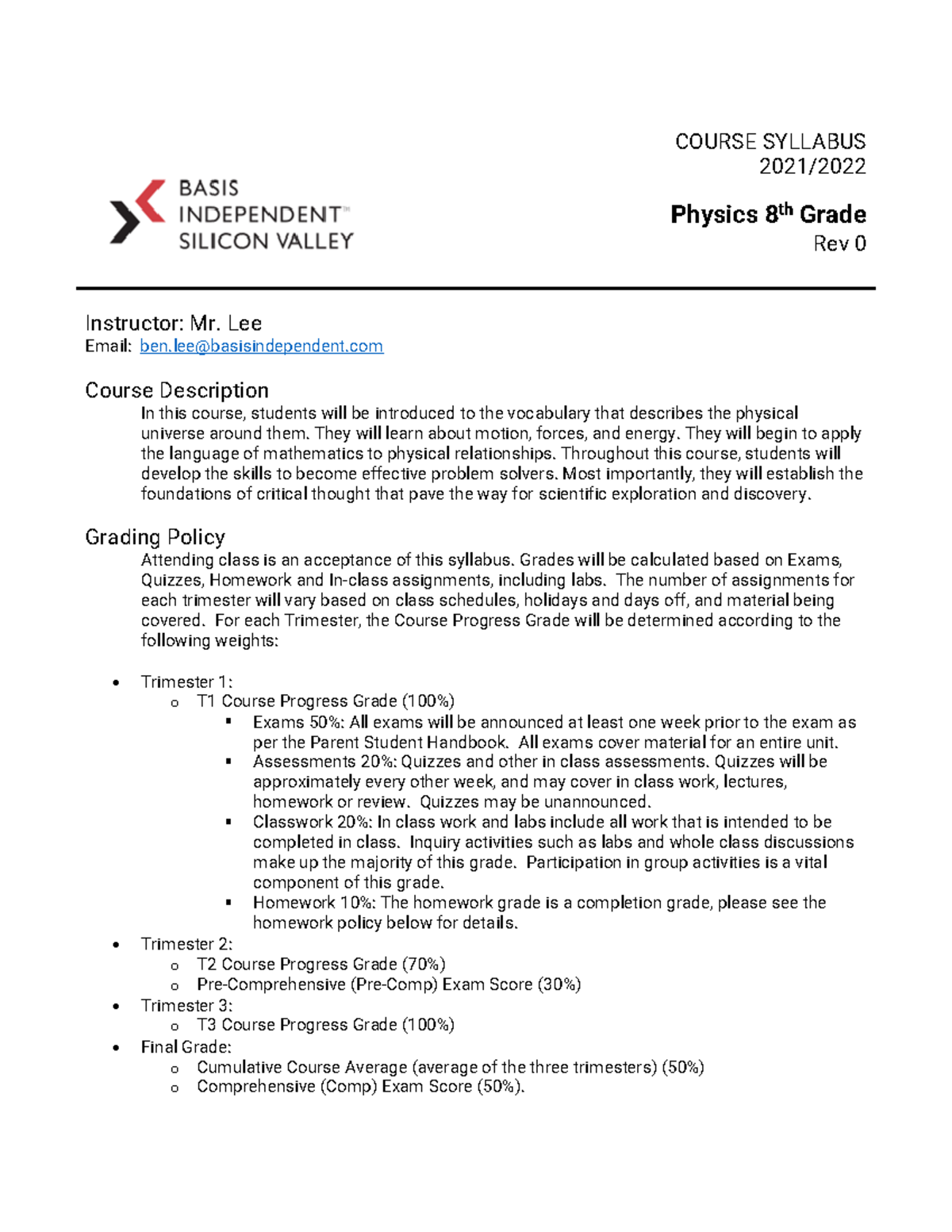 Physics - Lee Physics 8 Syllabus 0 - COURSE SYLLABUS 2021/ Physics 8 th ...