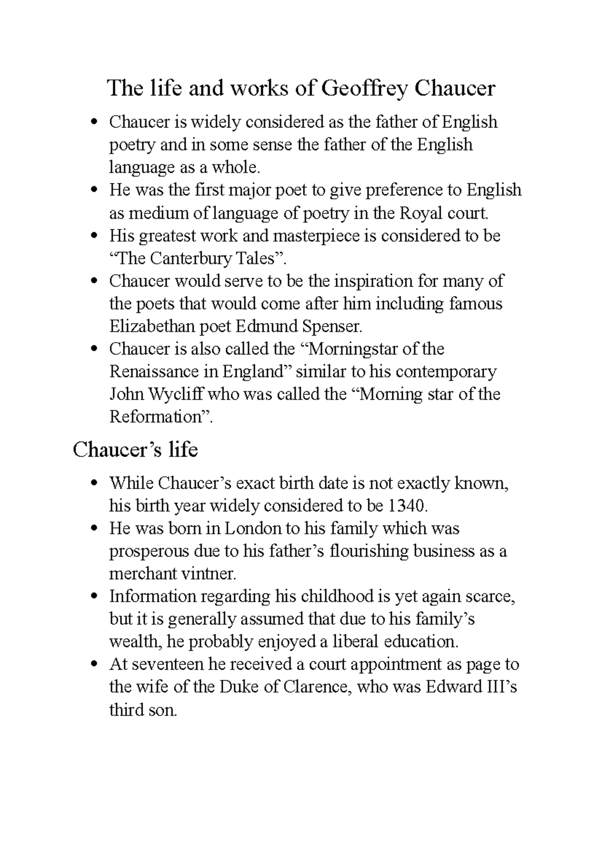 The life and works of Geoffrey Chaucer - He was the first major poet to ...