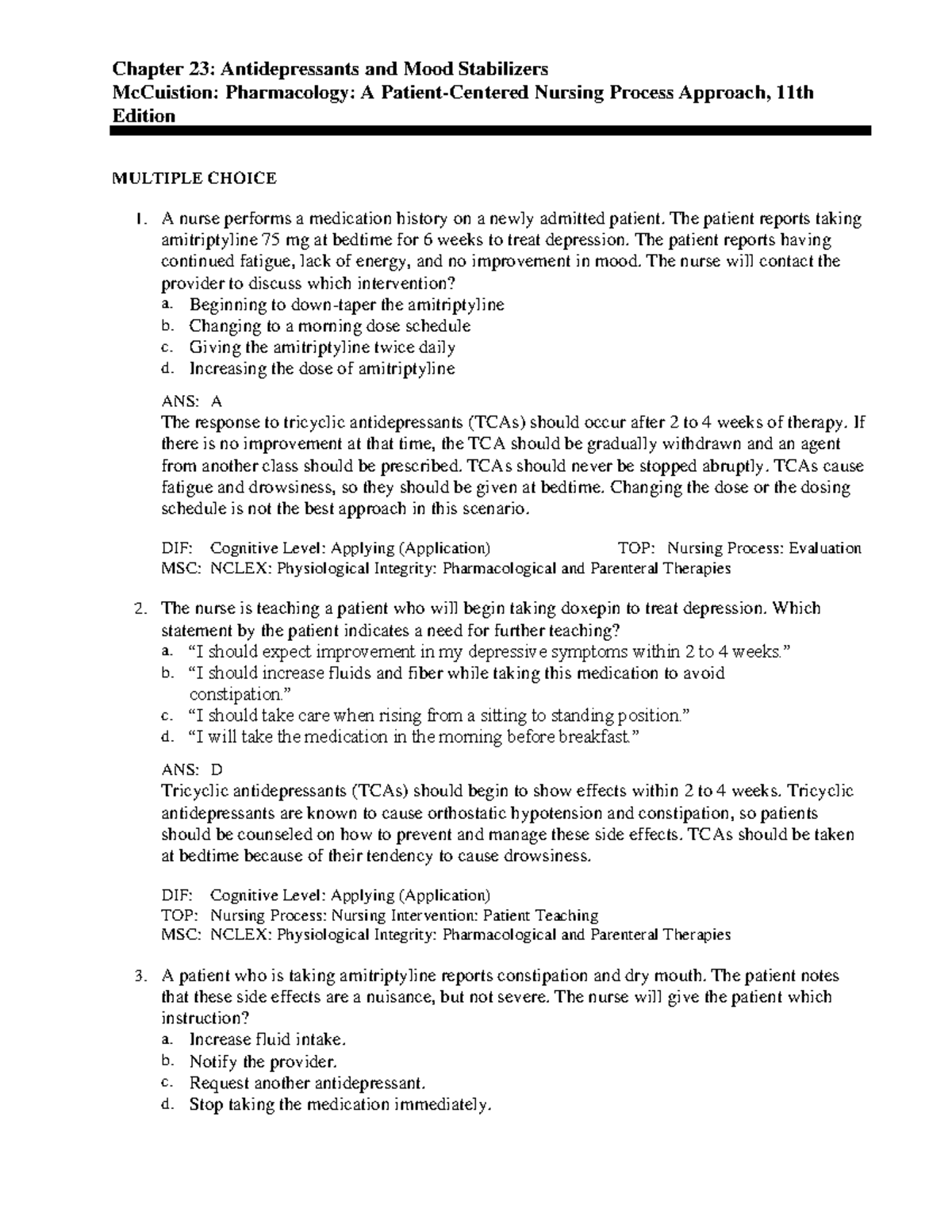 lecture nursing notes - Chapter 23: Antidepressants and Mood ...
