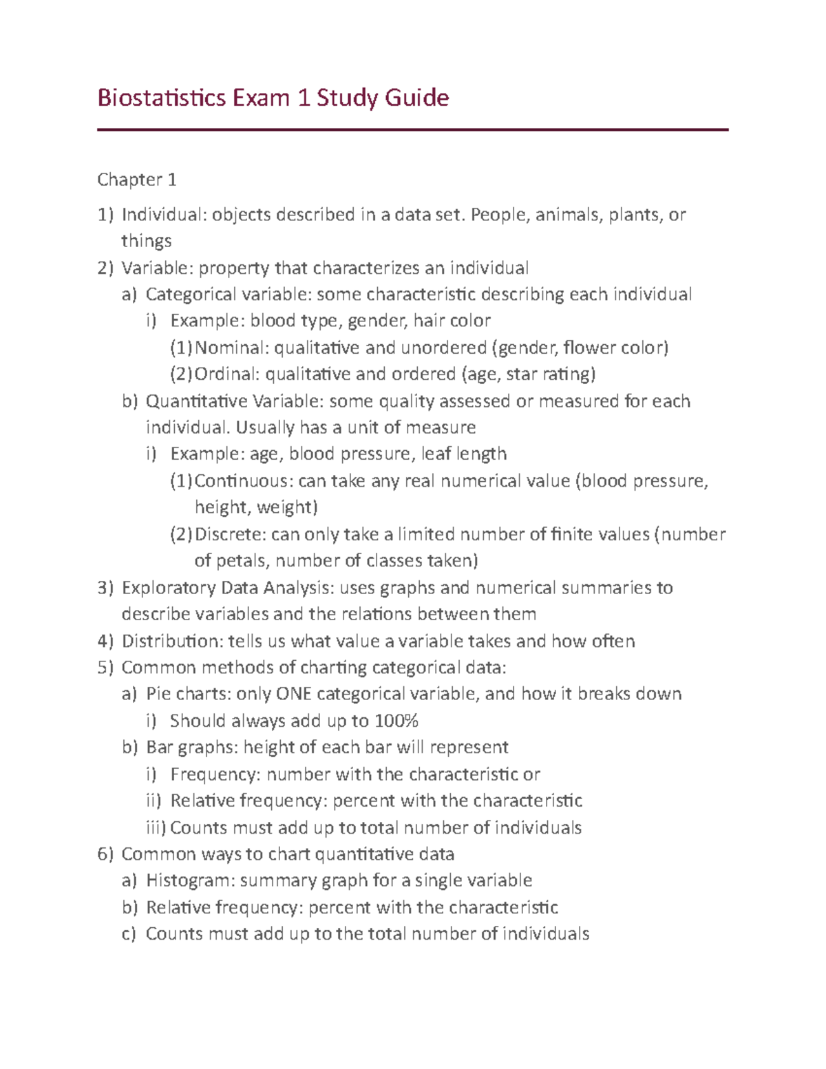 Biostatistics Exam 1 Study Guide - Biostatistics Exam 1 Study Guide Chapter 1 Individual ...
