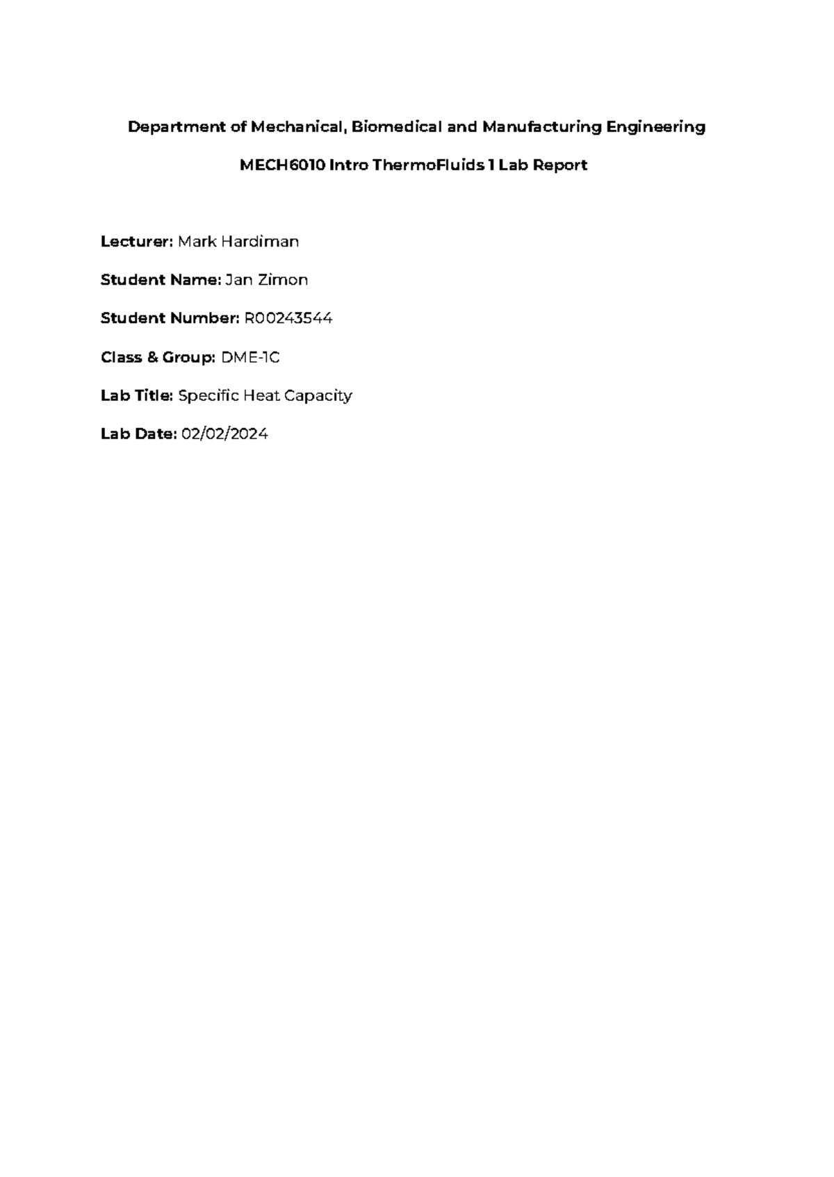 Thermofluids Lab - Specific Heat Capacity - Department of Mechanical ...