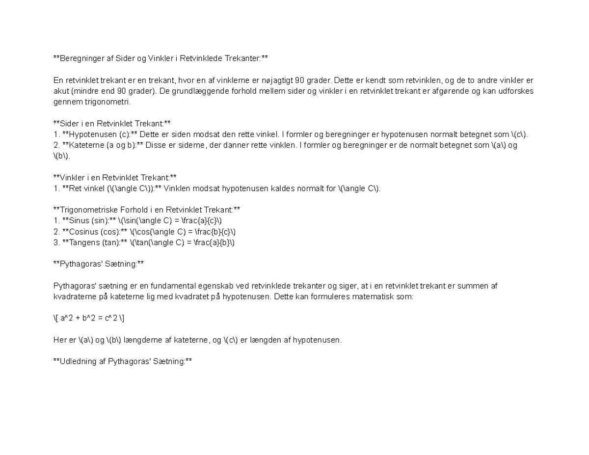 4 - Trekanter - Beregninger af Sider og Vinkler i Retvinklede Trekanter: En retvinklet trekant ...