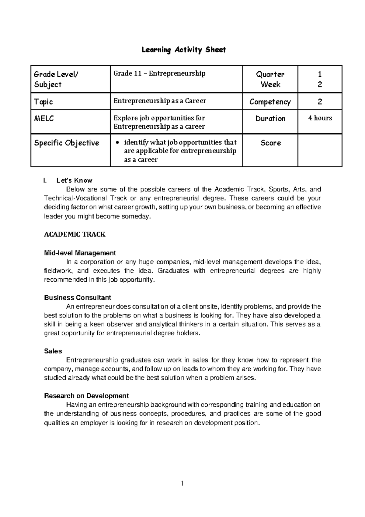 Q1 Entrepreneurship 11 LAS Week 2 Comp2 - Learning Activity Sheet Grade ...