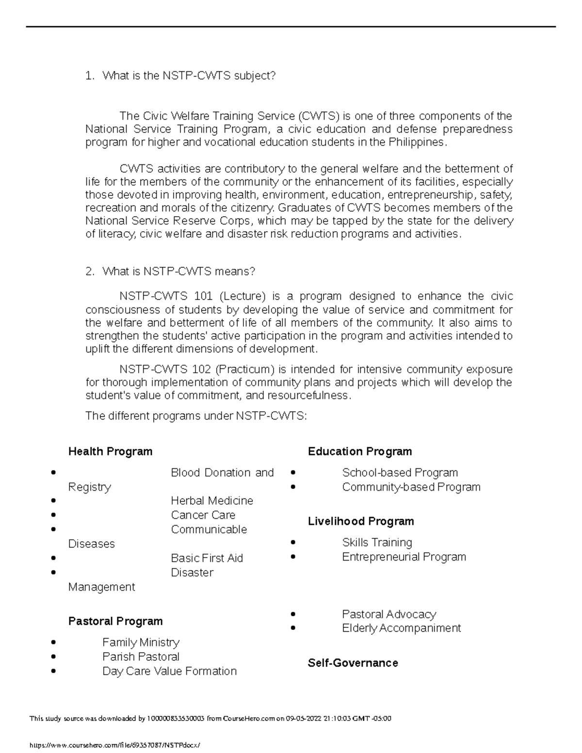 NSTP - Idc - What is the NSTP-CWTS subject? The Civic Welfare Training ...