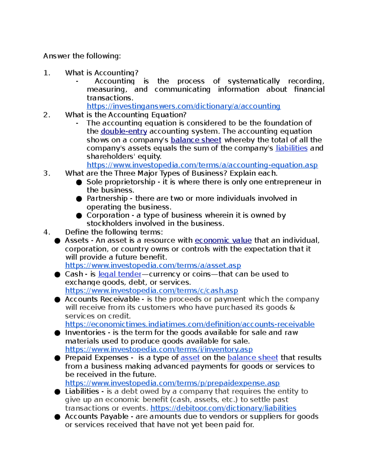 Activity 1 - What is Accounting? What is the Accounting Equation? What ...
