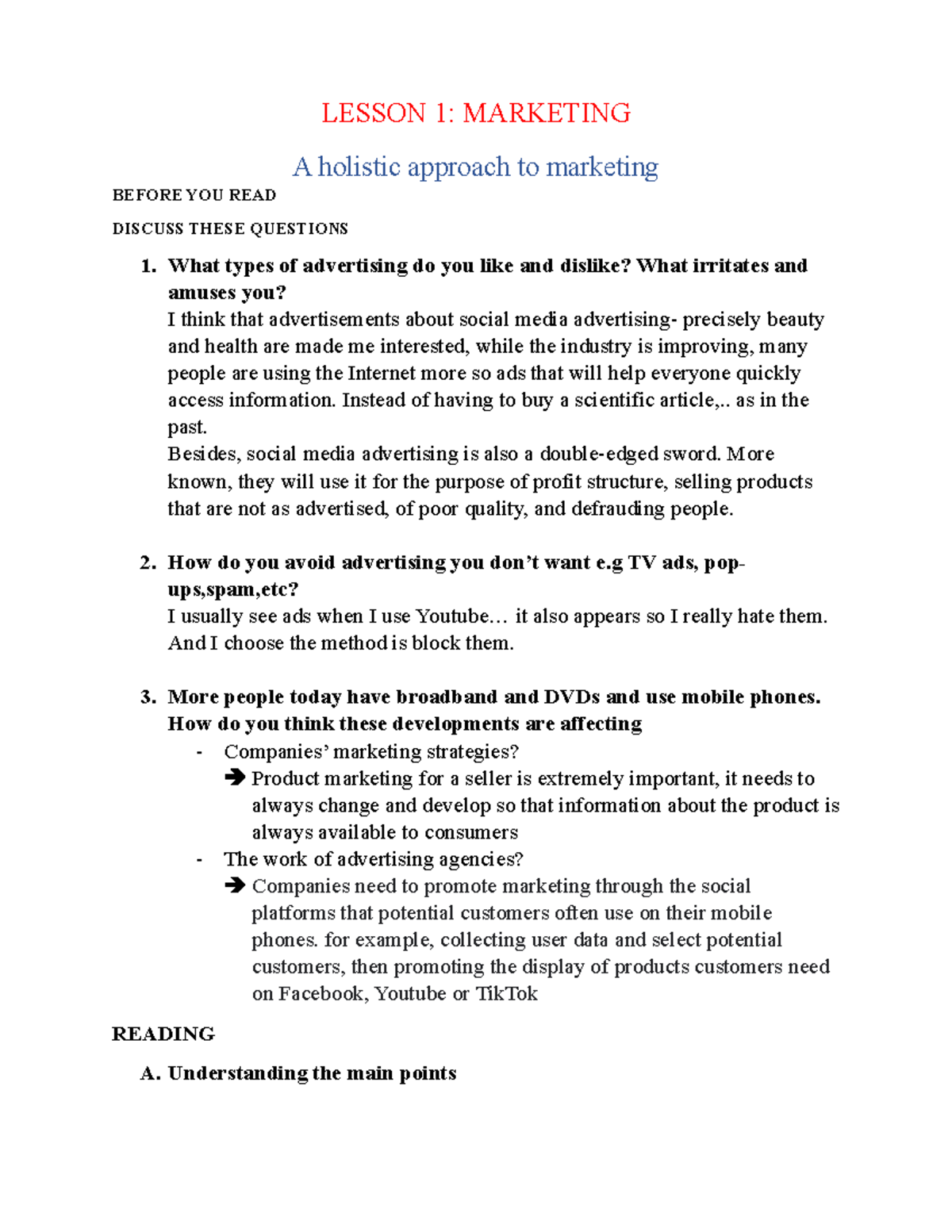 Reading 1 - LESSON 1: MARKETING A holistic approach to marketing BEFORE ...