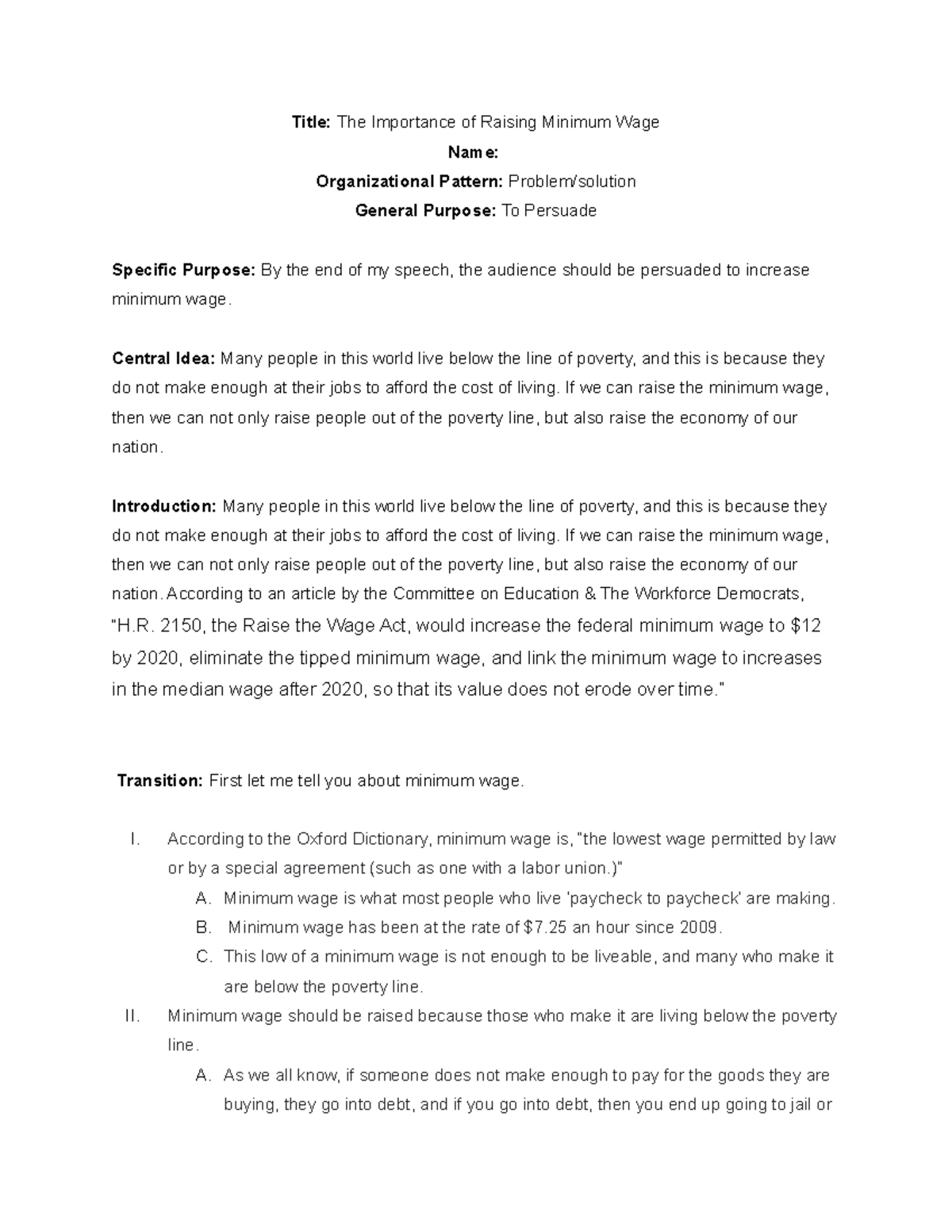 Comm 210 Persuasive Speech Outline Example - Title: The Importance of ...