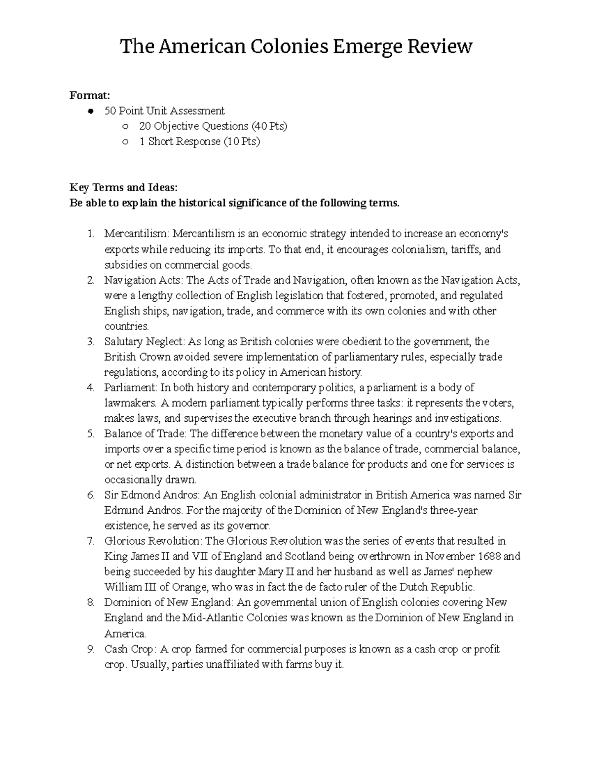 Copy of Chapter 3 Test Review - The American Colonies Emerge Review ...