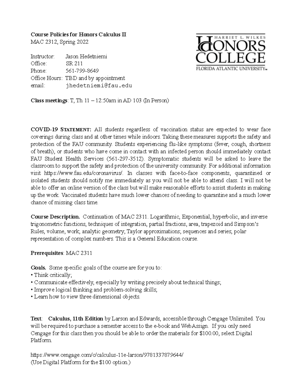 CALC 2 syllabus - Course Policies for Honors Calculus II MAC 2312 ...