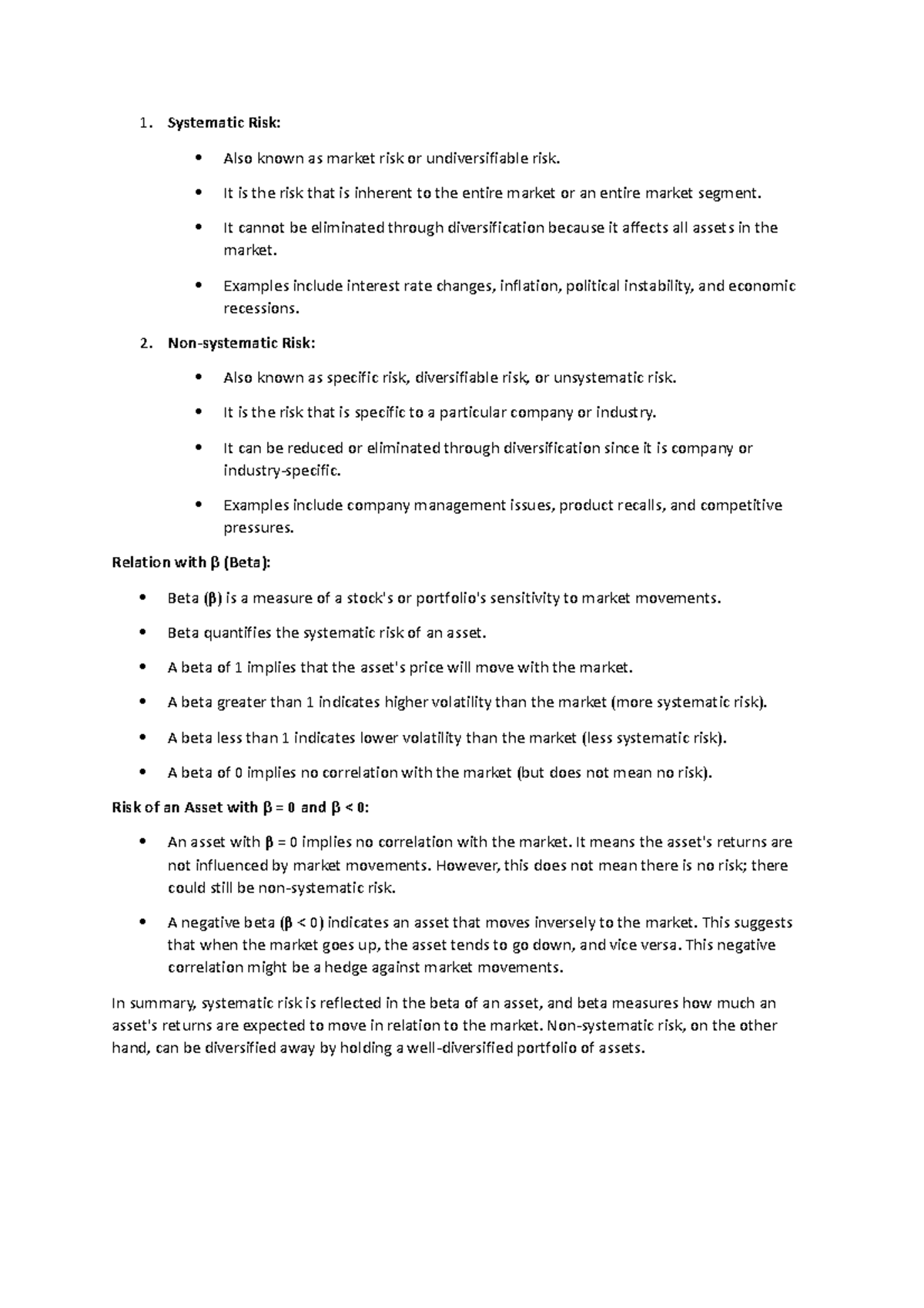 Financial eco - 1. Systematic Risk: Also known as market risk or ...