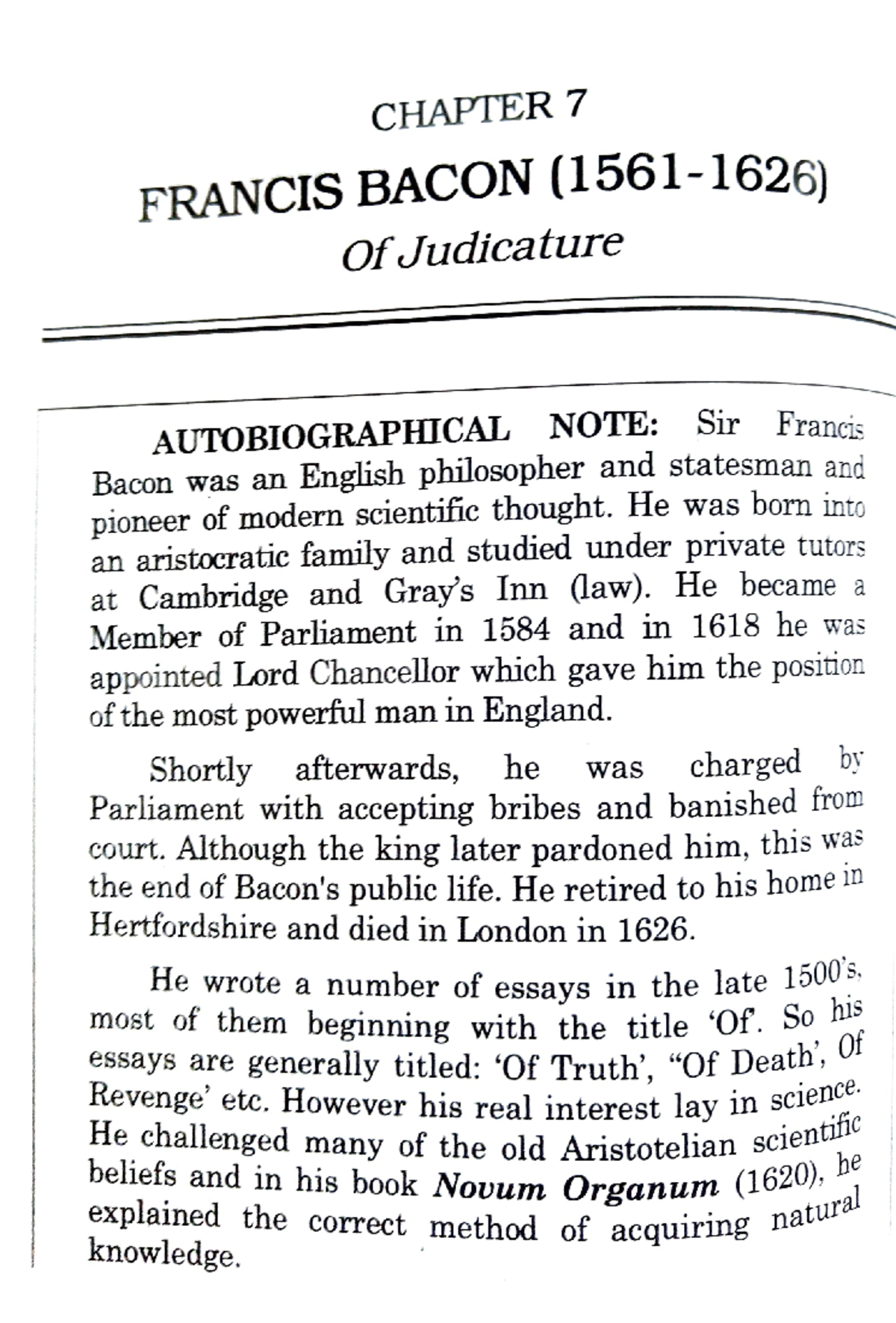 Law and Literature - Eng Sem 1 - CHAPTER 7 FRANCIS BACON (1561- Of Judicature AUTOBIOGRAPHICAL ...