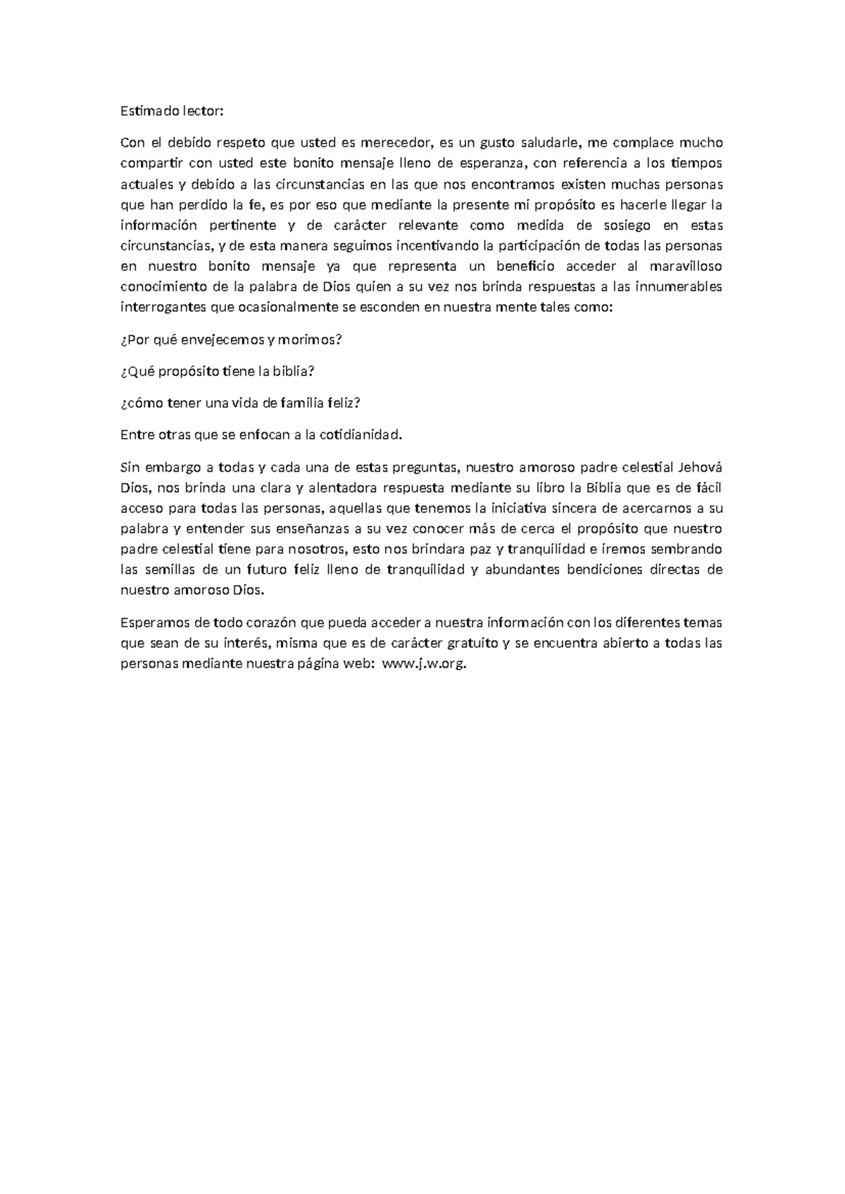 Carta Mamita - EXAMENES - Estimado lector: Con el debido respeto que usted es merecedor, es un ...