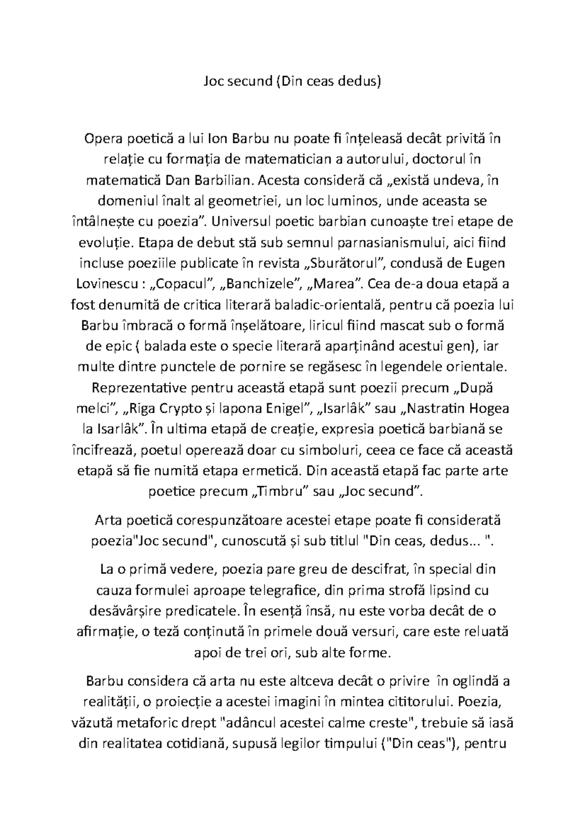 Joc secund de Ion Barbu-poezie bac - Joc secund (Din ceas dedus) Opera ...