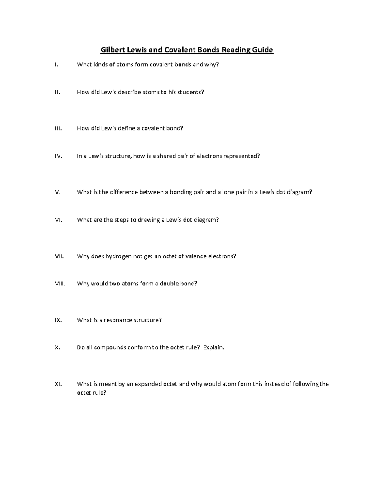 Gilbert Lewis and Covalent Bonds Reading Guide - What kinds of atoms ...