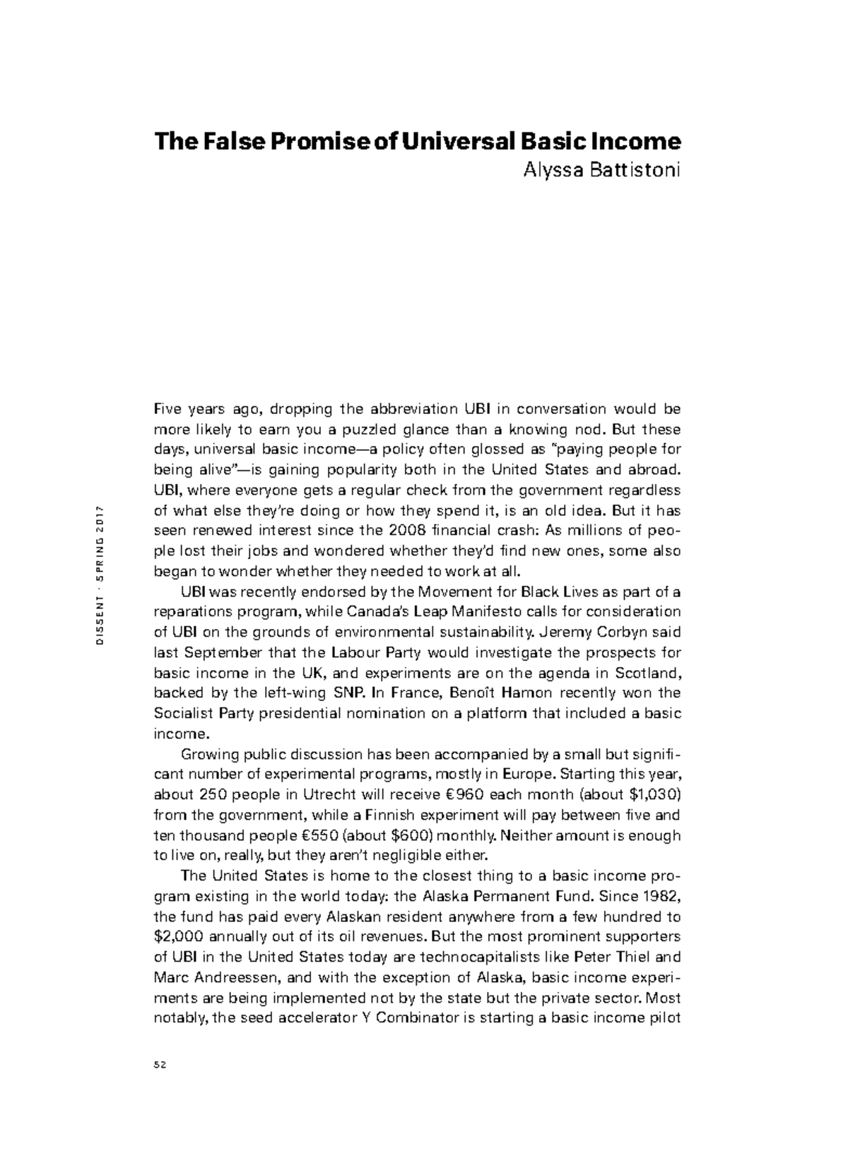 The False Promise of UBI - D I S S E N t · S P r I N g 2 0 1 7 Five ...