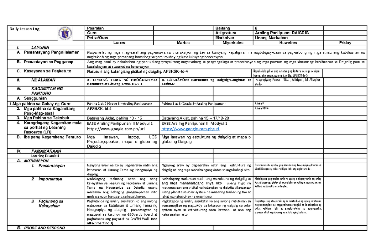 AP 8 Week 1 - Daily Lesson Plan - Daily Lesson Log Paaralan Baitang 8 ...
