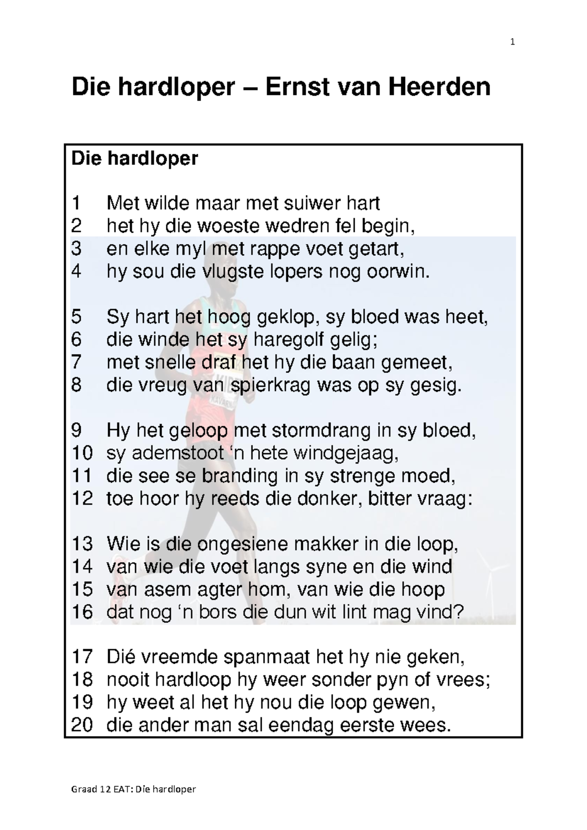 AR - Die Hardloper - Die hardlooper afrikaans poetry summary - Die ...