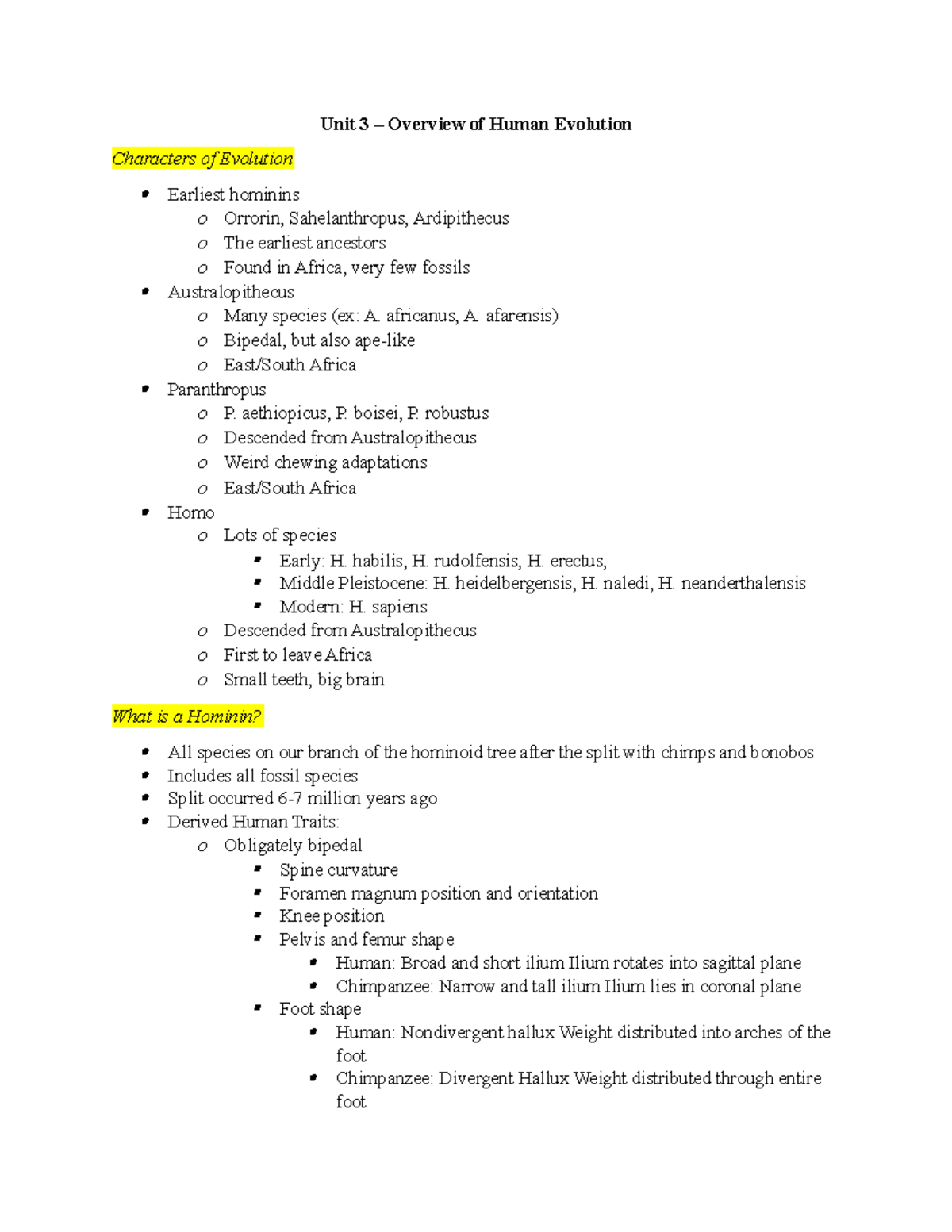 ANTH 1013 Unit 3 - Claire Terhune - Unit 3 – Overview of Human ...