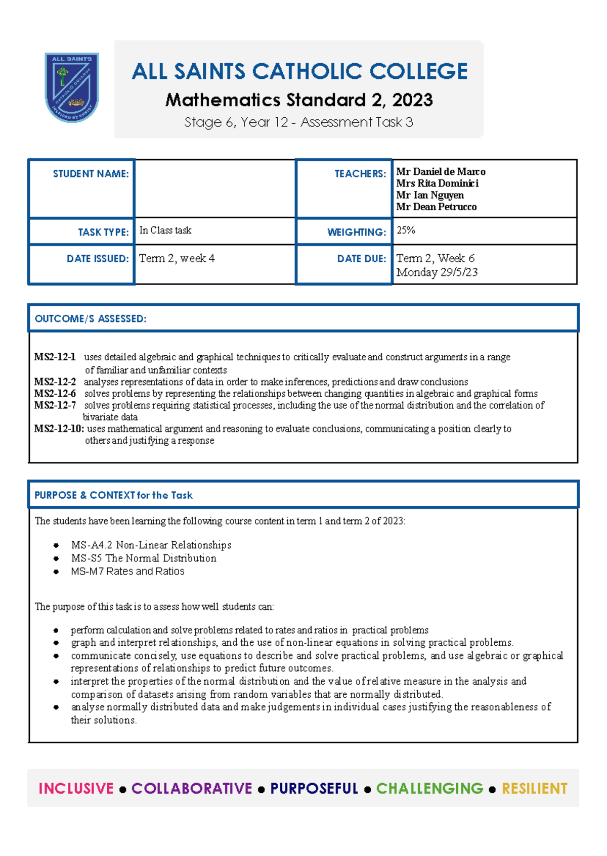 12 MAS Task 3 Assessment Notification 2023 - ALL SAINTS CATHOLIC ...